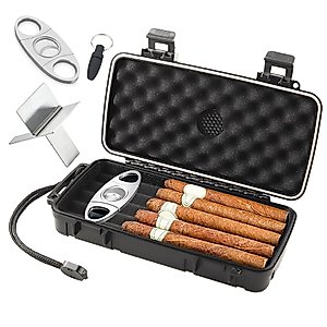 Travel Cigar Humidor Box Case, Portable Cigar Box with Humidifier Disc &Cigar Cutter &Cigar Stand &Cigar Punch Cutter, Waterproof Pressure-proof and Dust-proof Airtight Seal Durable Cigar Humidor