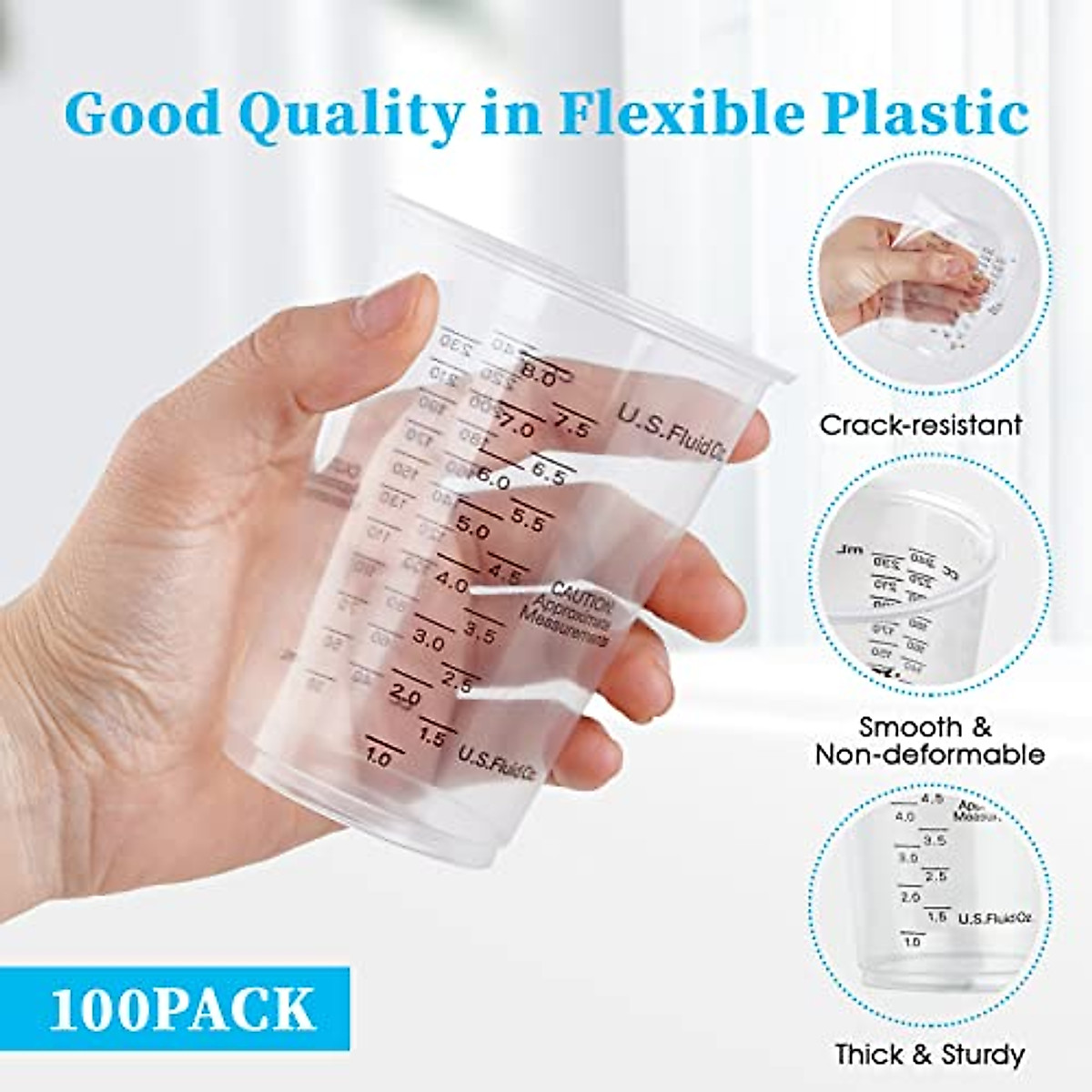 100 PACK Plastic Measuring Cups, 8 oz Disposable Mixing Cups with 100 Wooden Mixing Sticks, Can Be Used for Epoxy Resin, Liquid Measuring, Paint Mixing, Cooking and Baking
