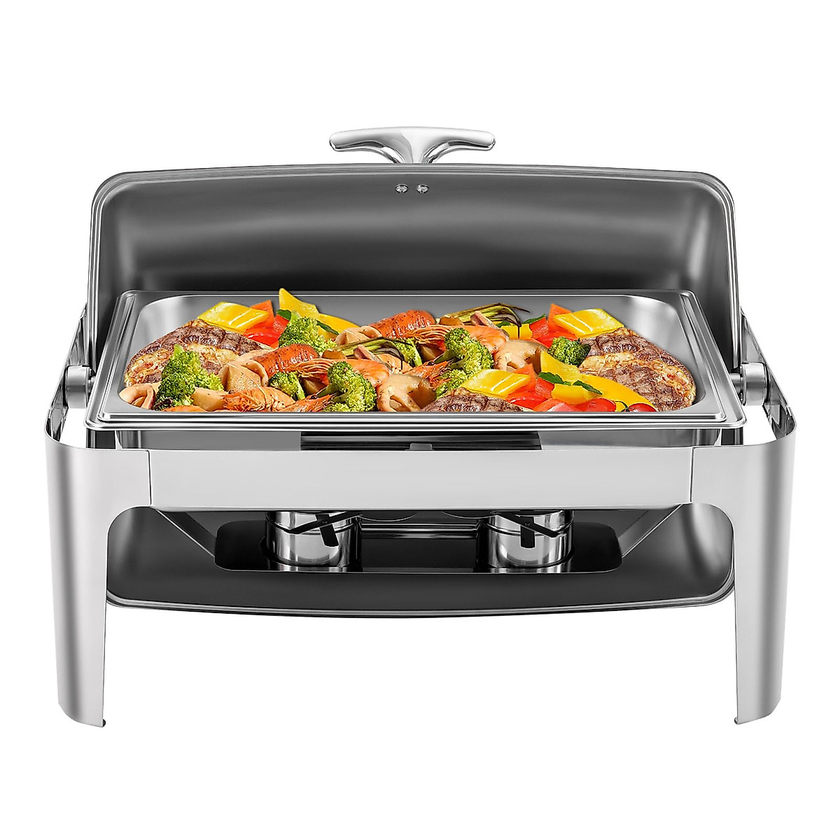 Roll Top Chafing Dish Buffet Set, 9.5 Qt Stainless Steel Rectangular Chafer Set with 2 Fuel Cans Warming Tray for Wedding, Parties, Banquet, Catering Events, Graduation
