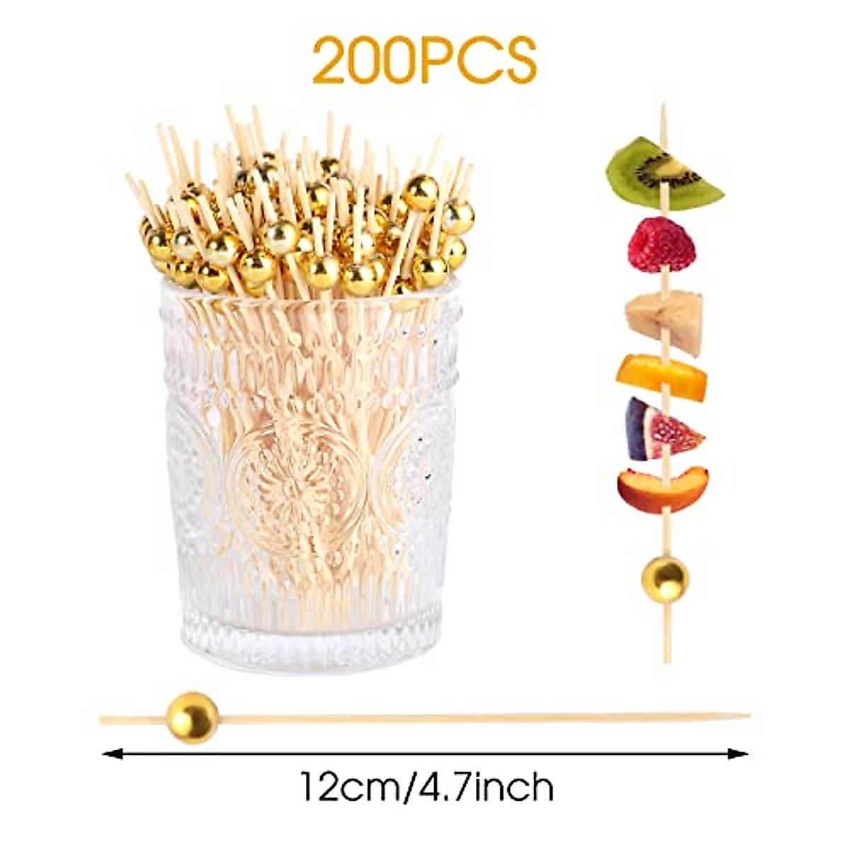 200 Pcs Cocktail Picks, Fancy Toothpicks for Appetizers 4.7inch Skewers for Appetizers Gold Pearl Long Toothpicks Charcuterie Accessories for Drinks, Desserts, Fruits, Sandwich, Party Food Decor