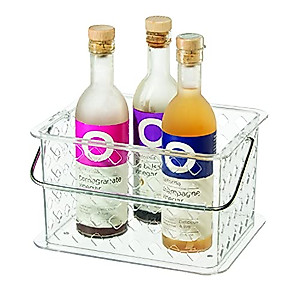 OGGI Clear Stacking Storage Basket with Handle - Plastic Caddy with Handle, Ideal Kitchen Undershelf Basket, Bathroom Storage Bin, Beauty Product Organizer, Cleaning Basket, Makeup Caddy, Size 9x7x5"