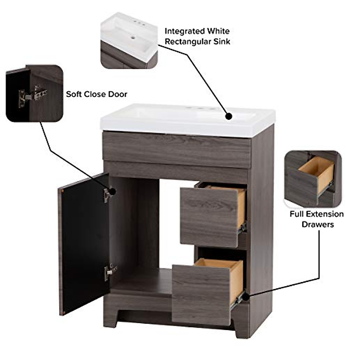 Spring Mill Cabinets Muriel Bathroom Vanity with 1-Door Cabinet, 2 Drawers, and White Single-Sink Top, 24.5" W x 16.75" D x 33.89" H, Dark Oak