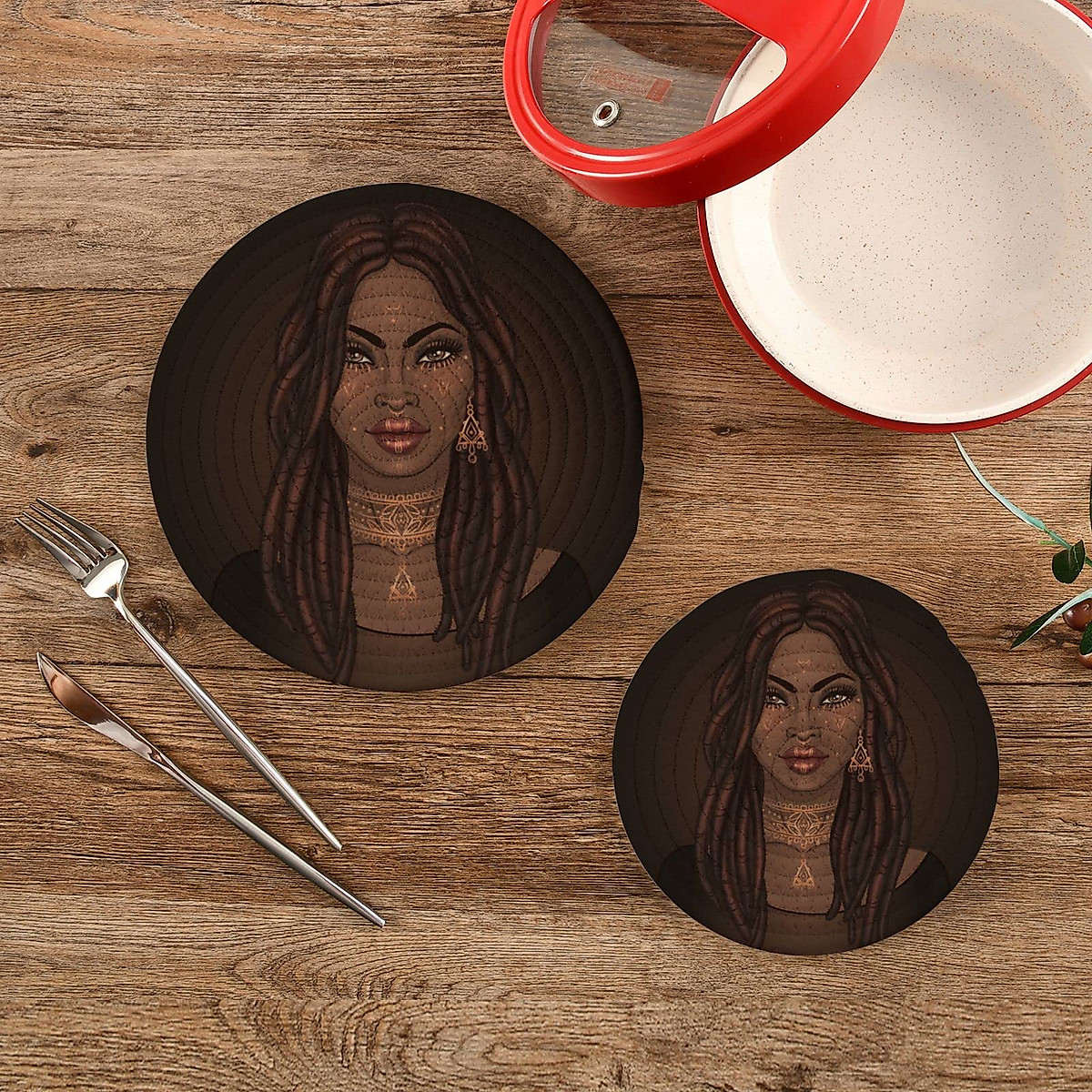 African American Pretty Girl Pot Holders for Kitchen Cotton Round Holder Set of 2 Heat Resistant Placemats Round Thread Weave Coaster for Kitchen Accesseries