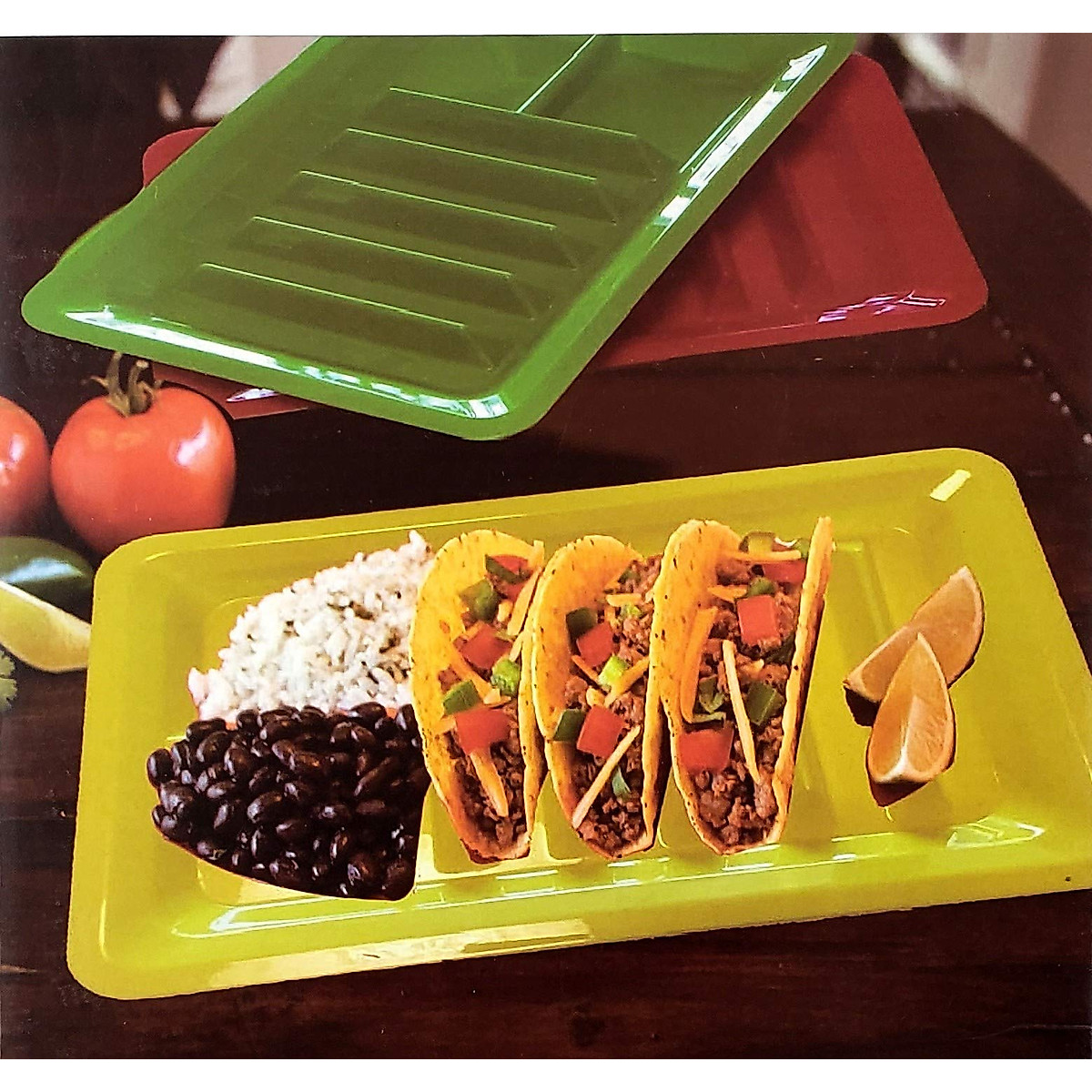 Set of Three Taco Holder Stand Up Divider Plates Multi Colored Party Taco Night Food Safe BPA Free Plastic Plate Set for Soft and Hard Shell Tacos