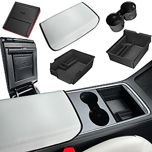 XINTUO (5 Pack 3PC Upgraded Center Console Organizer Tray Compatible for 2023 2022 2021 Tesla Model 3 Model Y Accessories Armrest Hidden Drawer Storage Box 1PC Cup Holder 1PC Armrest Cover Whiteg