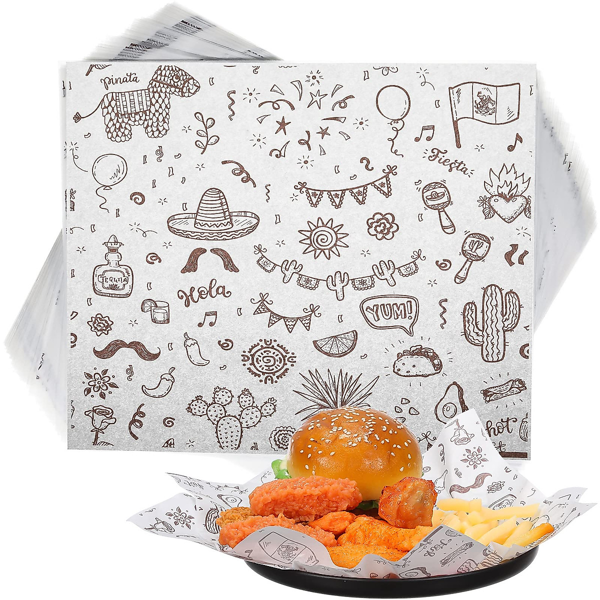 150 Pcs Deli Wax Paper Taco Wrapping Paper Mexican Festival Wax Paper Sheets for Food Greaseproof Paper Sandwich Picnic Food Basket Liners Wax Wrappers Bakery Tissue Sheets for Kitchen (Fiesta)