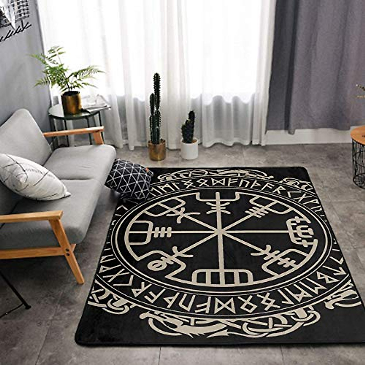 Luxury Area Rugs Thick Anti-Slip Floor Carpet, Black Celtic Viking Design Magical Runic Compass Vegvisir in The Circle of Norse Runes and Dragons Tattoo Decorative, 3 x 5 Feet
