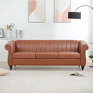 TMEOSK 84" PU Leather Sofa Couch, Mid-Century Modern Chesterfield Three Seater Sofa, Loveseat Sofa with Rolled Arm for Living Room, Dorm, Office (Brown)
