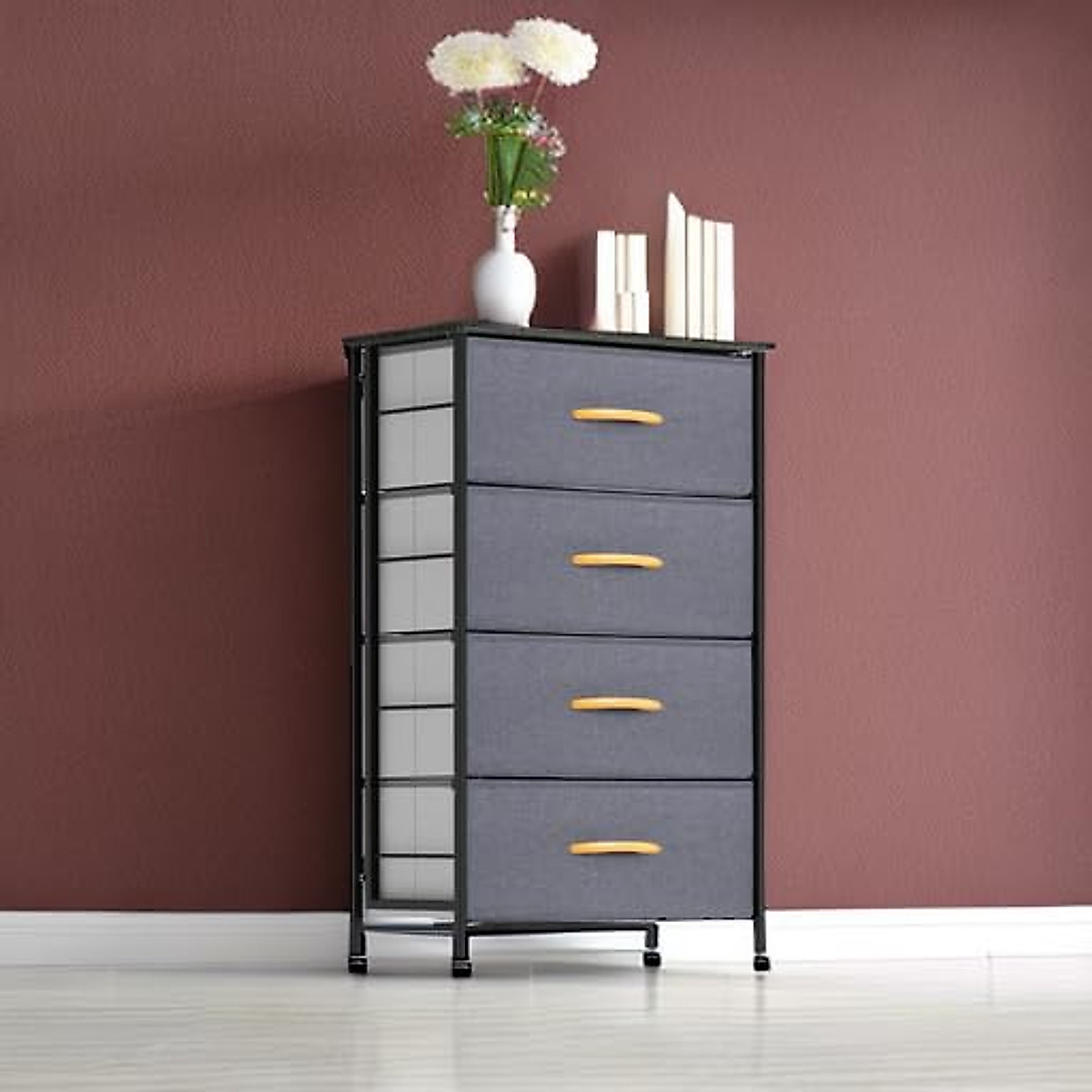 WAYTRIM Dresser Storage Tower, 4 Fabric Organizer Drawers, Wide Chest of Drawers for Closet Boys & Girls Bedroom, Bedside Furniture, Steel Frame, Wood Top, Fabric Bins, Easy Installation (Charcoal)