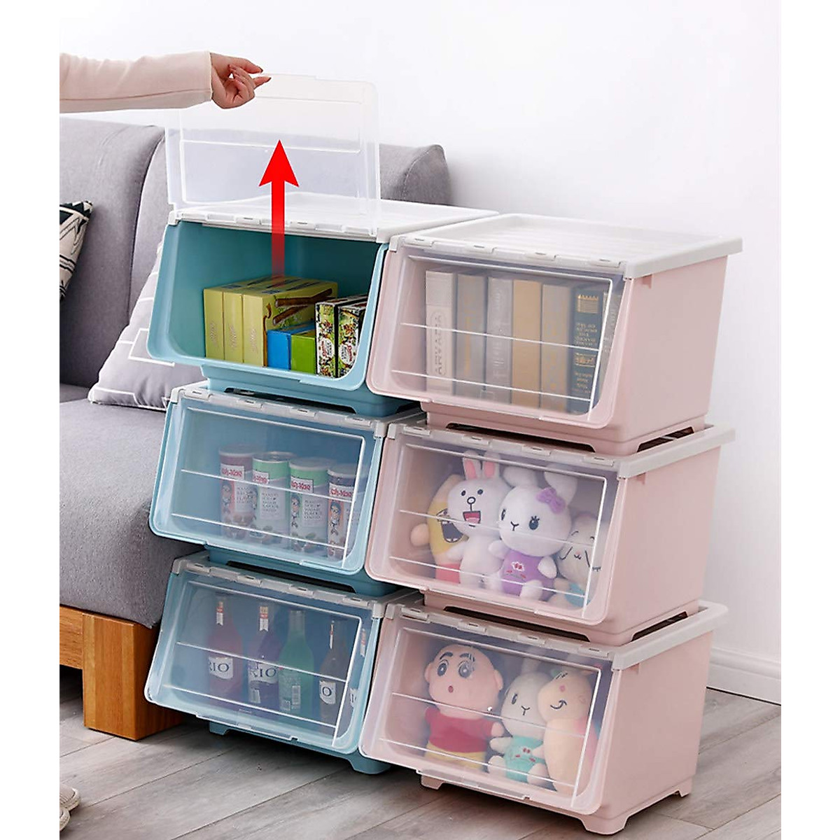 Shozafia Plastic Storage Bins for Toys, Stackable Storage Containers with Lids Front Opening, Clear Storage Box with Wheels. (White,3 Pack Large)