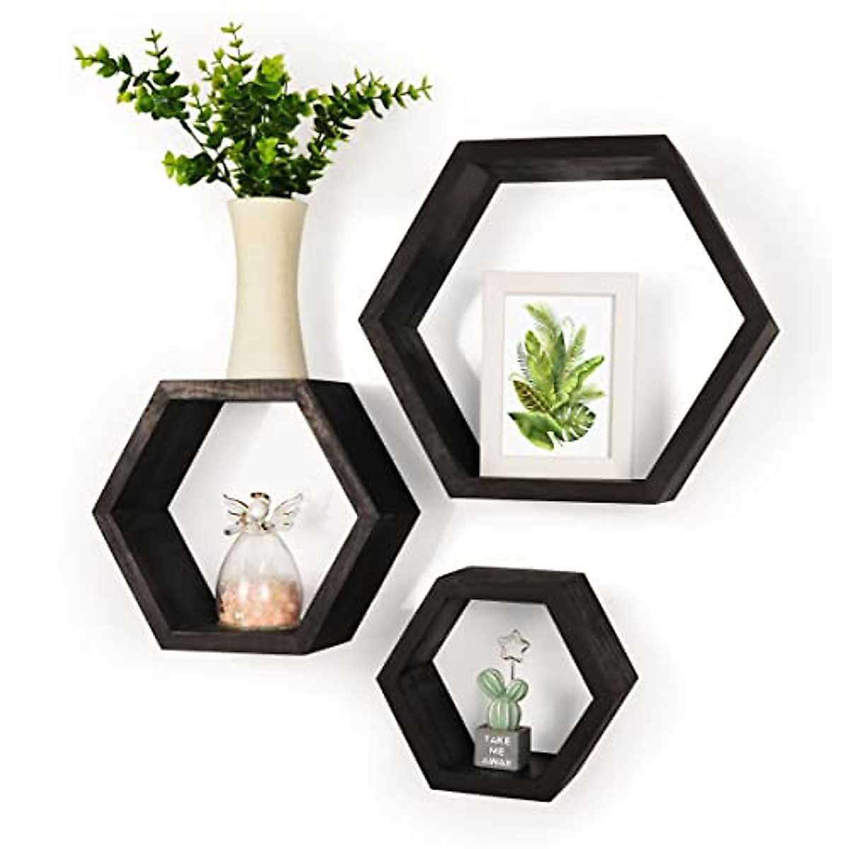 KEZORY Hexagon Floating Shelves, Honeycom Wall Shelves Set of 3, Suitable for Living Room, Kitchen, Bedroom, Bathroom or Office Wall Mounted Wooden Hexagon Shelf (Black)