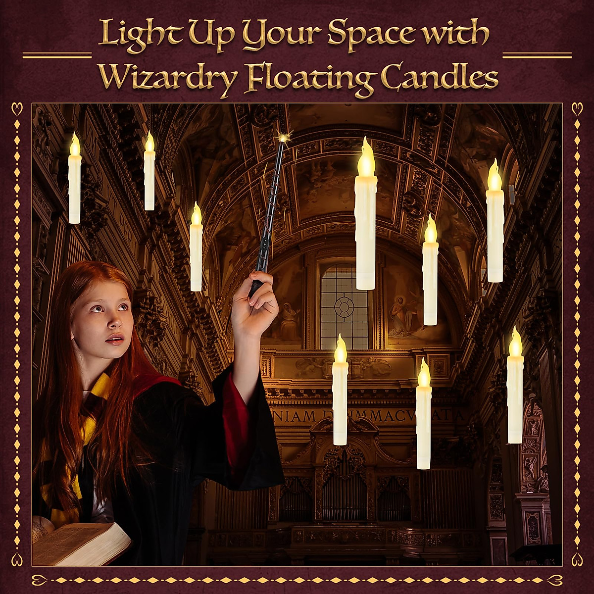 Halloween Decorations, Floating Candles with Wand, 12 PCS Magic Candles with Hole for Hanging, Flickering Flameless LED Candles, Witch Wizard Halloween Christmas Decor for Home Room Church Party