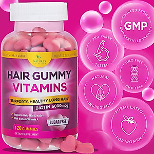 Sugar Free Hair Vitamins Gummies with Biotin 5000 mcg, Vitamin A, B12, C, D, E, Folic Acid, Supports Hair Growth Gummy, Vegetarian Friendly, Supports Strong Beautiful Hair and Nails - 120 Gummies