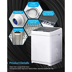 TABU Full-Automatic Washing Machine, 17.6lbs Portable Washing Machine with Dryer, 1.7 Cu Ft 2 in 1 Portable Washer with Drain Pump, 10 Wash Programs, LED Display, 8 Water Levels (White)