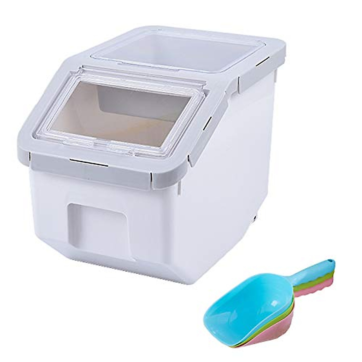 PENCK Dog Food Storage Container Rice Dispenser Cat Pet Food Storage Bin Airtight Plastic flour Holder Cereal Grain Organizer Box with Locking Lid, Measuring Cup, Scoop & Wheels, 5-6kg Capacity, Grey, Small