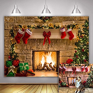 Christmas Vintage Fireplace Photo Backdrop Tree Stockings Xmas Holiday Party Photography Background Photobooth Happy New Year Cake Table Banner Decorations Photo Studio Props 5x3ft