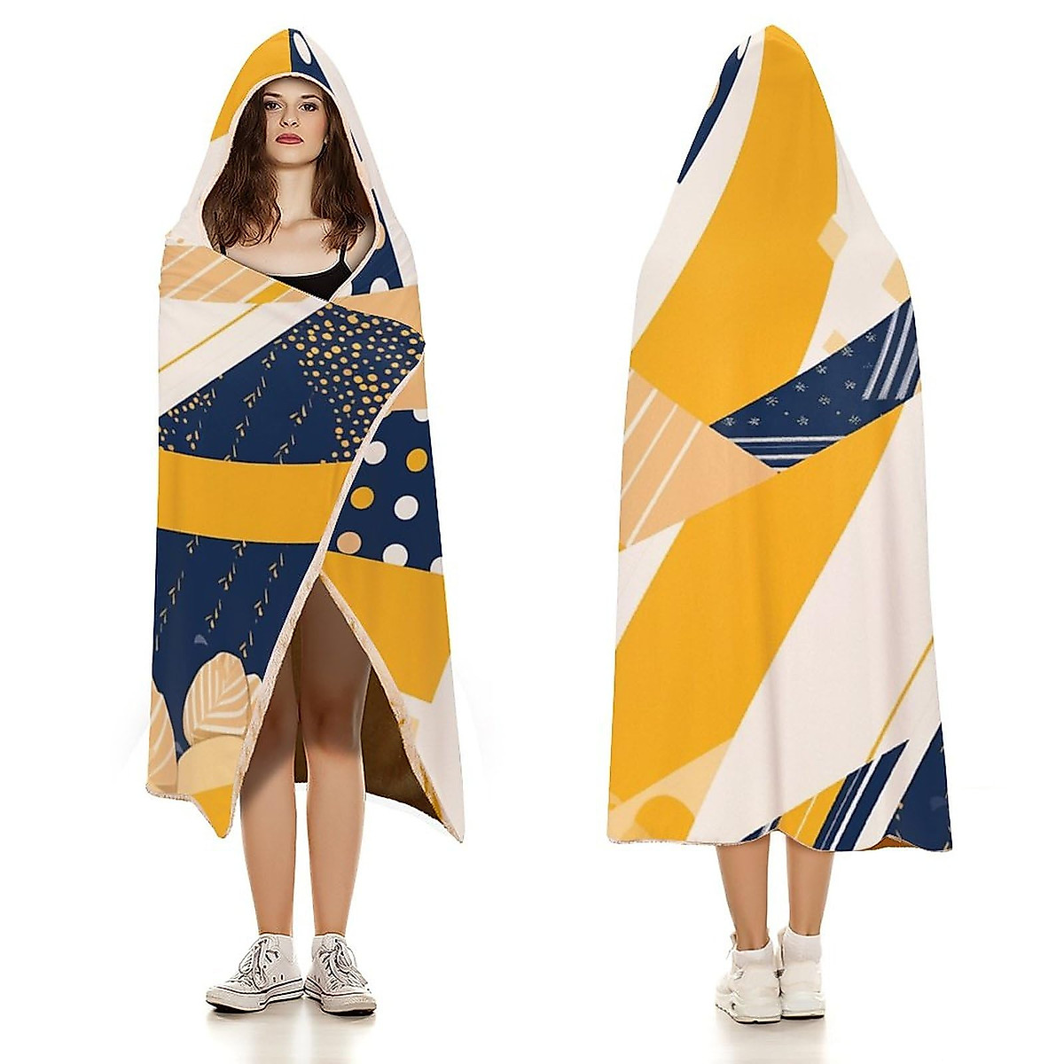 Elegant Navy Blue Mustard Yellow White Stripes Geomestry Hooded Blanket Spring Summer Flower Elegant Line Plush Warm Fluffy Blanket for Adult And Kids Comfortable Throw Blankets for Couch Bed 60"x80"