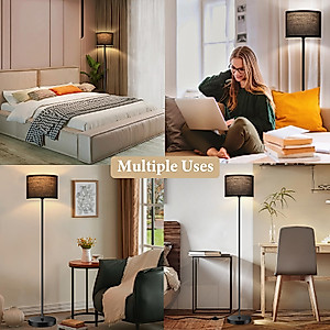 LED Floor Lamp Simple Design, Modern Standing Lamp with Shade,Tall Lamp for Living Room Bedroom Office Study Room, Black Pole Lights with Foot Switch, White Stand Up Lamp Fabric, E26 Base