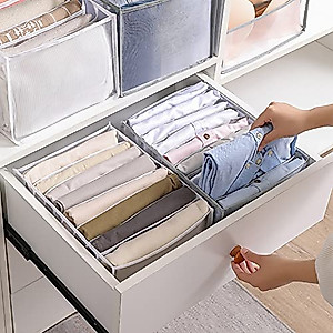 Clothing Organizers for Folded Clothes, LAKEEVAN Visible 7 Grids Washable Pants Organizer, Mesh Wardrobe Closet Drawer Storage for Jeans, Leggings, Skirts, T-Shirts, Scarves, Bras, Underwear, Socks(Gray, 2 Pcs)