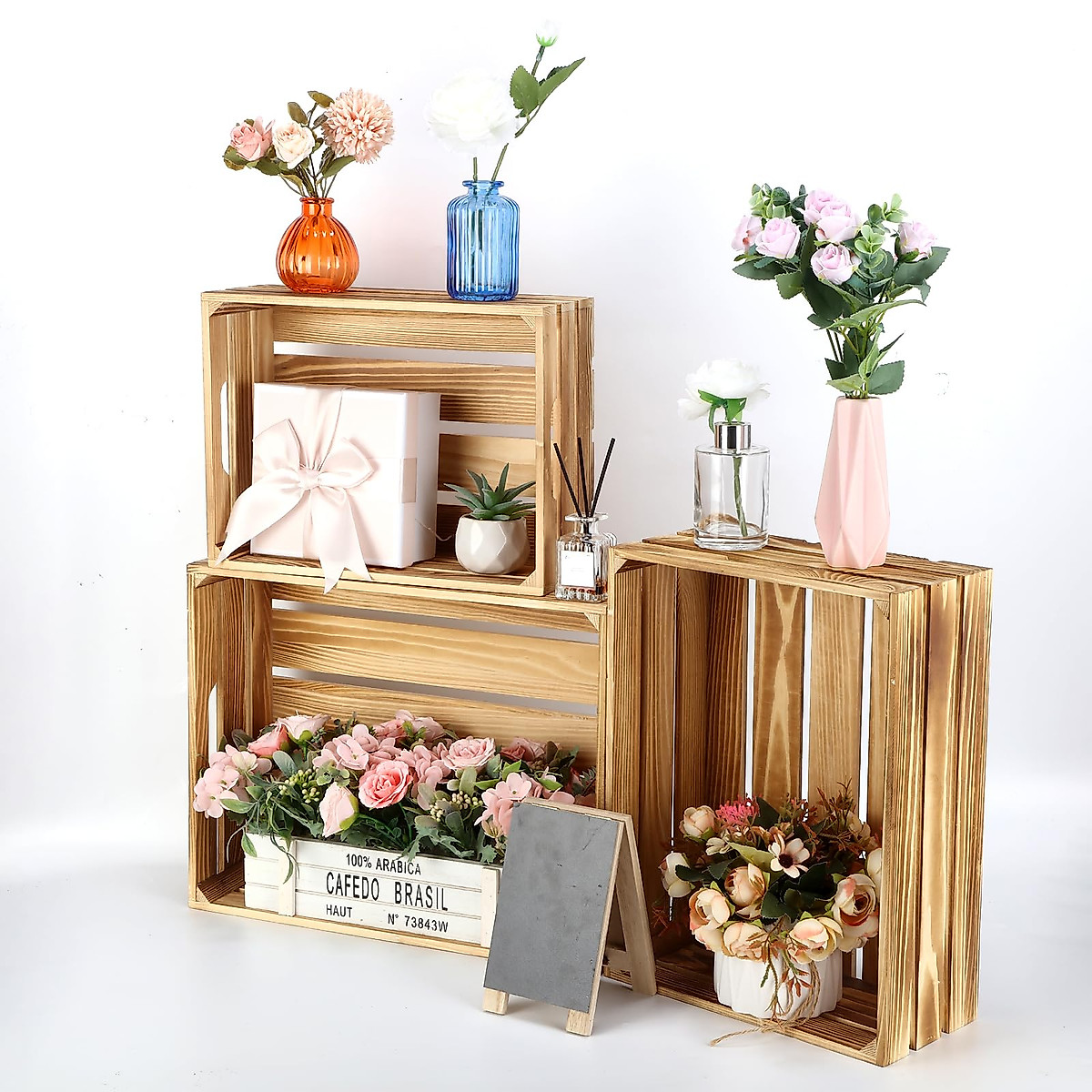 Soaoo 3 Pieces Decorative Wood Crates Nesting Crates Storage Container, Rustic Wooden Crates Storage Display Decor for Wedding Party(Wood Color)