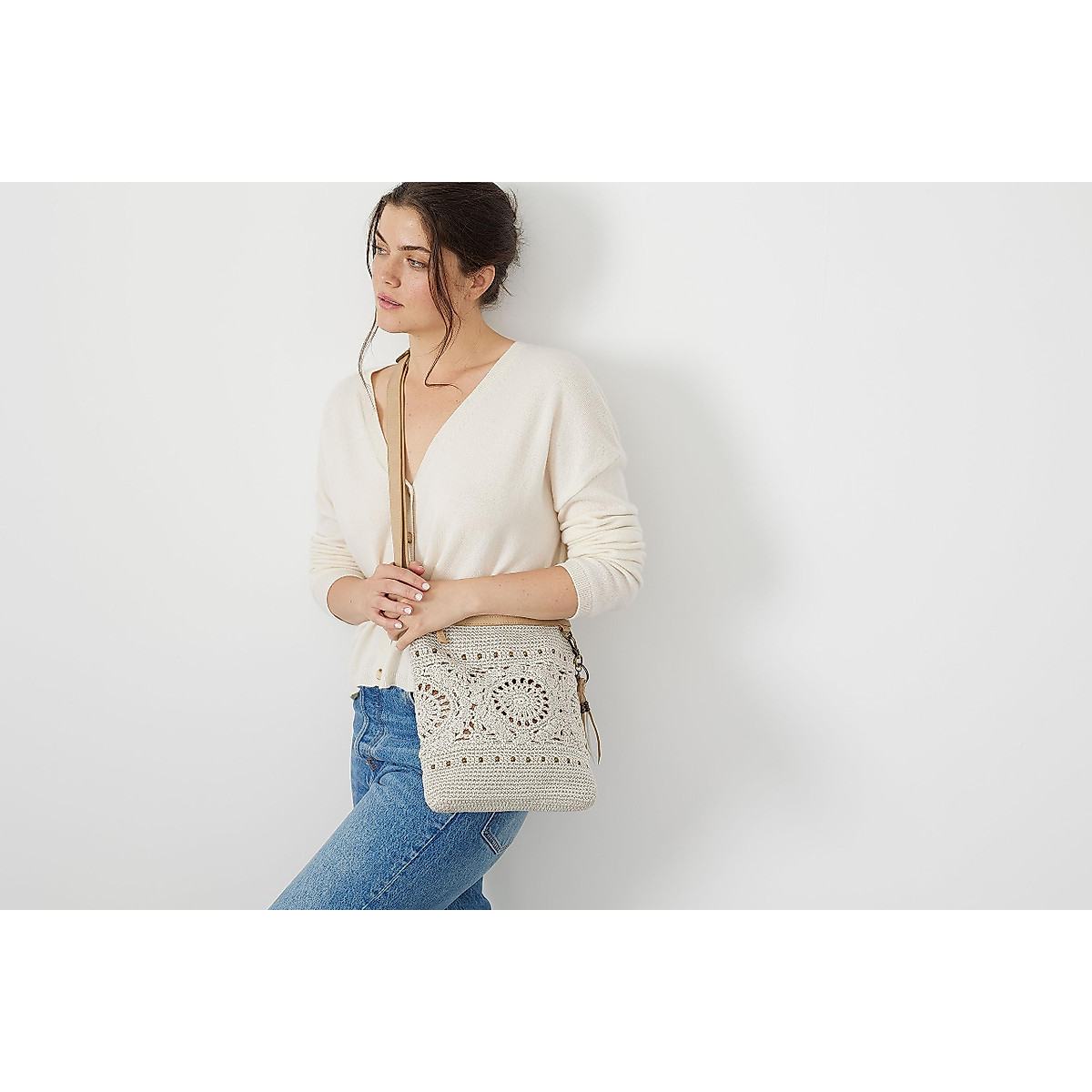 The Sak Lucia Crossbody Bag in Crochet, Convertible Purse with Adjustable Strap, Denim Static