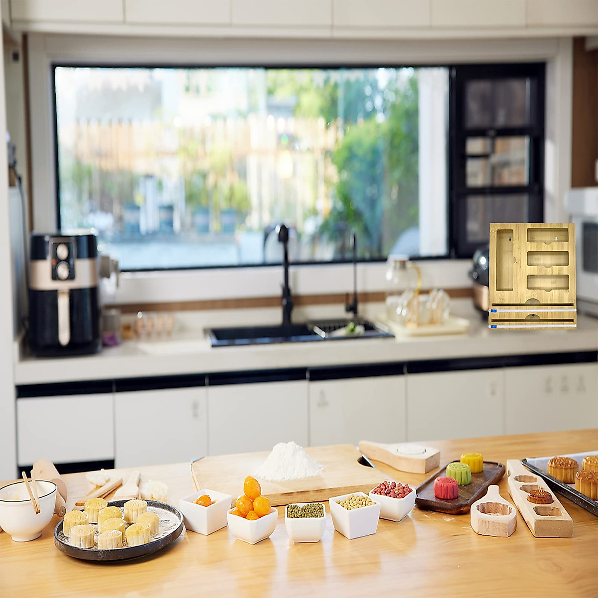 LQQBOX Bamboo Ziplock Bag Storage Organize, 6 in 1 Bamboo Wrap Dispenser Compatible with 12" Parchment Paper Roll Cutter for Gallon, Quart, Sandwich Bags, Roll etc