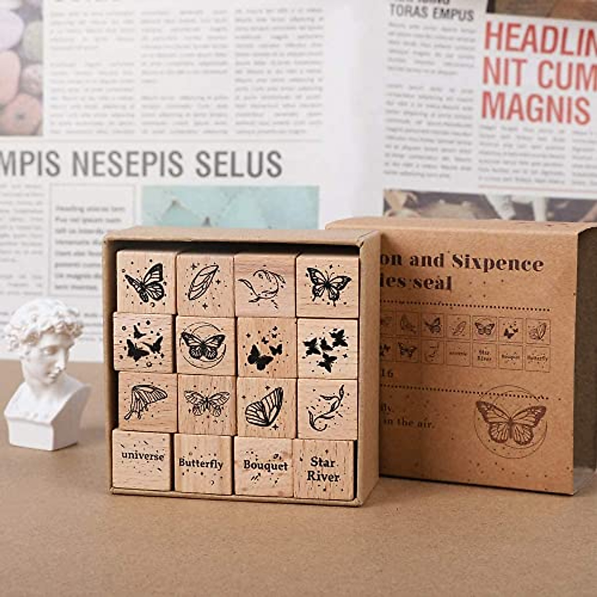 Cliocoo 16cs Wood Rubber Stamp Set, Moon&Star Decorative Wooden Stamp Set, Universe Planet Stamp for Art Craft, Journal, Diary, Scrapbook, Planner, Letter, Card Making M-26 (5-Butterfly)