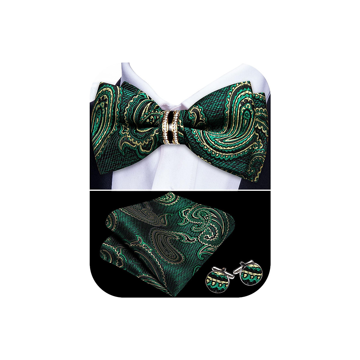 YOHOWA Green Gold Bow Tie and Pocket Square Set Pretied Bow Tie with Gold Diamond Ring