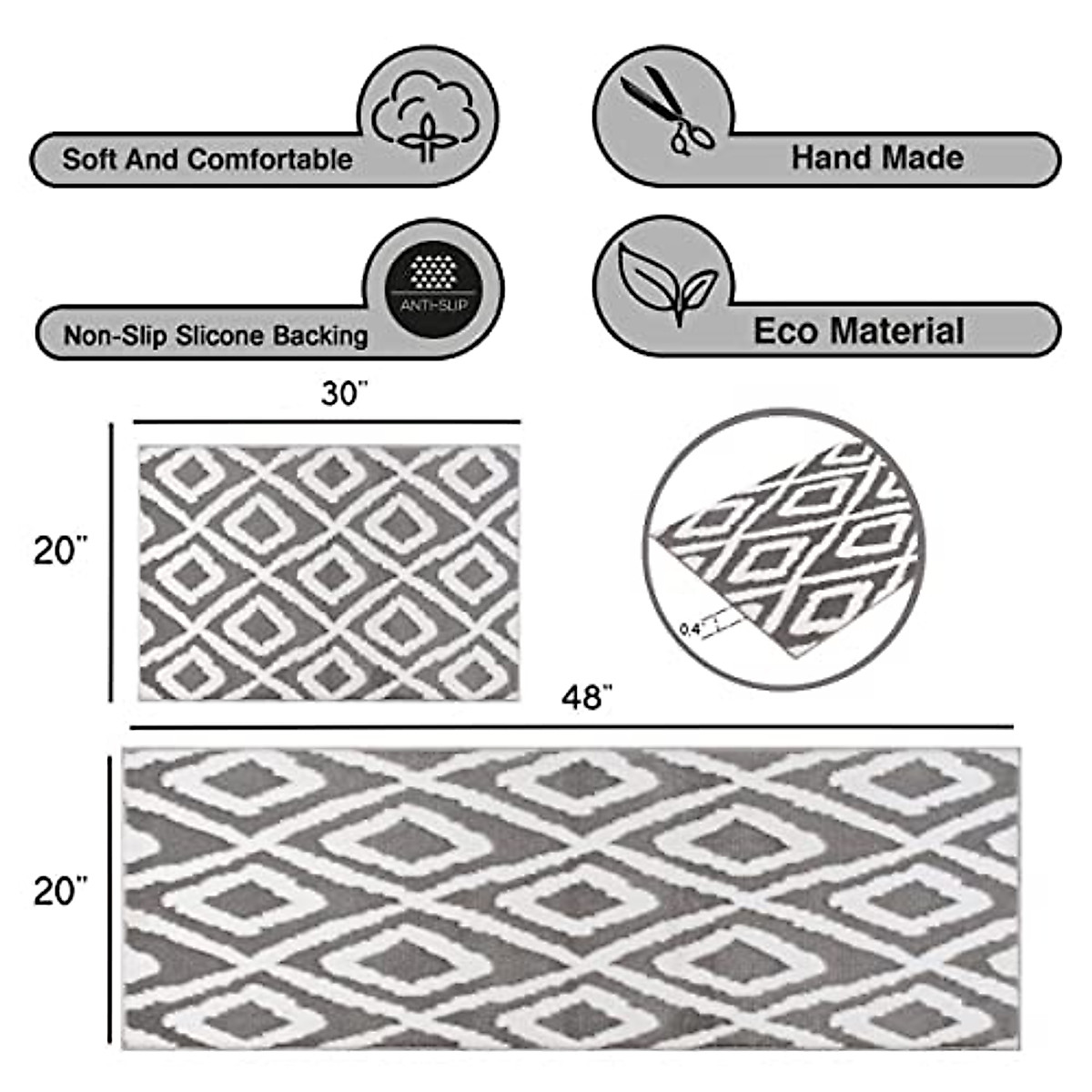 The Sofia Rugs Kitchen Rug Set 2 Piece Absorbent, Non-Slip Kitchen Mats for Floor - Washable Kitchen Runner Rugs and Mats for Bathroom, Laundry Room, Farmhouse Style Gray, 48x20in/30x20in