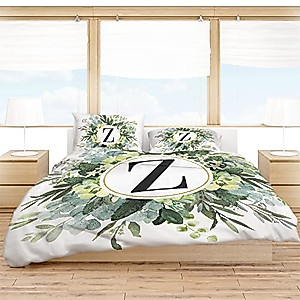 Queen Duvet Cover Set - Eucalyptus Leaves 4 Pcs Comforter Cover Bedding Sets with Zipper Closure, Z Monogram Letter Watercolor Teal Botanical Microfiber Bed Sheet Soft Quilt Cover with 2 Pillow Shams
