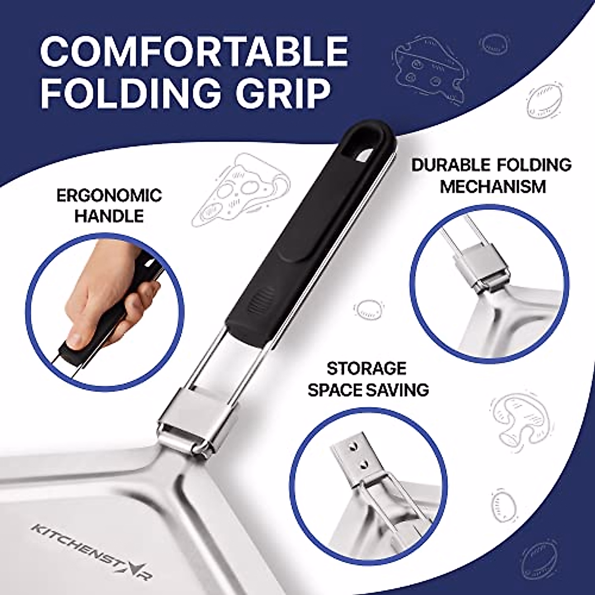 KitchenStar Perforated Stainless Steel Pizza Peel with Folding Handle (13 x 16.5 Inches) for Oven Pizza Turning, Placement and Retrieving - Professional Baking Tools Series