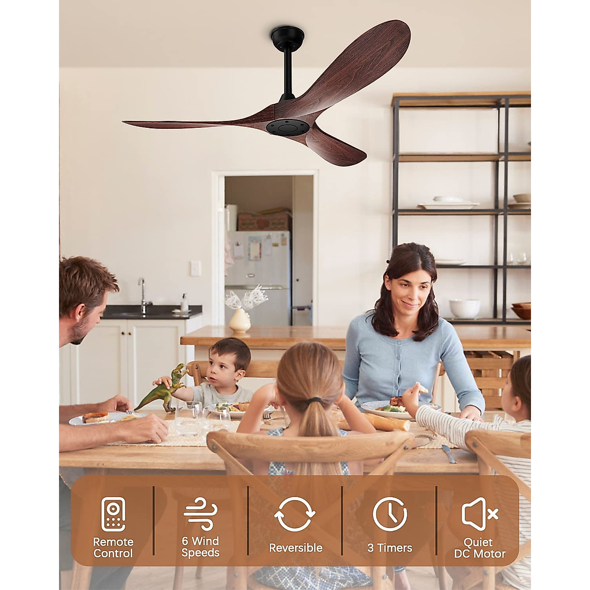 KASASS Outdoor Ceiling Fan, 52 Inch Remote Control Ceiling Fan, Indoor Ceiling Fan，Modern Classic Ceiling Fan for Kitchen, Bedroom, Living Room, Farmhouse, Patio (Walnut Color)