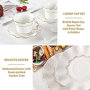 DUJUST Tea Cups and Saucers Set of 6 (8.5 OZ), Luxury Tea Cup Set with Golden Trim, Relief Printing Coffee Cups with Metal Stand, British Royal Porcelain Tea Party Set - White