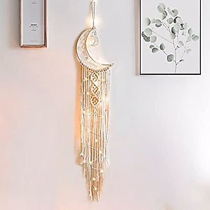 MGahyi Moon Star Dream Catcher Decor,Macrame Woven Dreamcatcher with Light,Bohemian Wall Hanging Decoration,Bedroom,Home Decoration (Moon White)