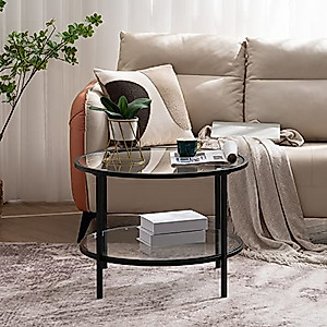 VINGLI Glass Coffee Table, 25.6" Round Coffee Table Black Coffee Tables for Living Room, 2-Tier Glass Top Coffee Table with Storage Clear Coffee Table, Simple & Modern Center Table for Small Space