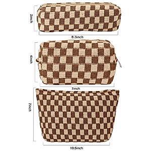 Large Capacity Makeup Bag Set - 3 Pieces Checkered Cosmetic Bag for Women Travel Makeup Bag Organizer Cute Makeup Brushes Storage Bag Travel Toiletry Bag Storage Bag for Women,Brown