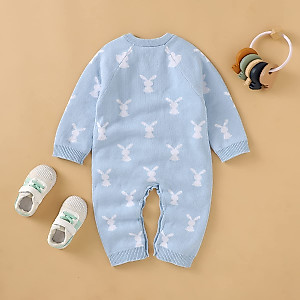 DuAnyozu Baby Girl Boy Easter Outfit Bunny Onesie Knitted Sweater Romper Long Sleeve Jumpsuit Cute Rabbit Clothes (A Bunny Onesie-Blue,3-6 Months)