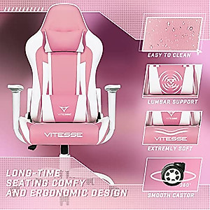 PUKAMI Pink Cute Kawaii Gaming Chair for Girl Ergonomic Desk Racing Office Chair Adjustable High Back Game Chair Swivel Leather Chair with Lumbar Support and Headrest