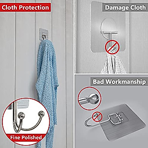 Booda Brand Adhesive Hooks 30lbs Max Heavy Duty Double Wall Hooks for Hanging No Damage, Waterproof & Rustproof Stainless Towel Hooks for Bathroom, Kitchen Home and Office (6, Large)
