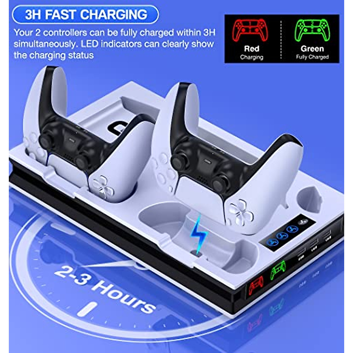 PS5 Stand with 3 Level Cooling Fan, Dual Fast PS5 Controller Charging Station Incl. 4 USB C Dongles, 3 USB Hubs, Headset Holder, Media Slot,PS5 Accessories PS5 Cooling Station for Sony P5 Digital/Disc
