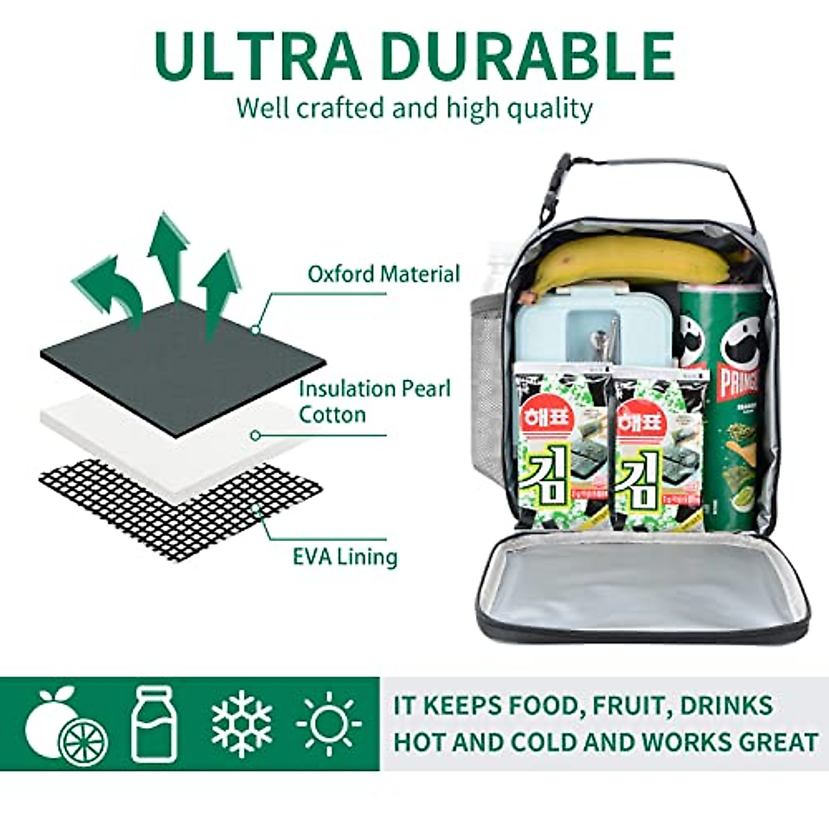 ProCattle Reusable Lunch Box for Kids Men Women Adults, Durable Small Insulated Lunch Bag, Portable Lunchbox for Office Work -Gray