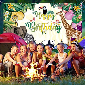 Happy Birthday Banner for Jungle Safari Theme Birthday Party Decorations, Fabric Animal Zoo Theme Birthday Party Backdrop Tropical Forest Poster for Boys Girls Birthday Party Wall Supplies, 185*110cm