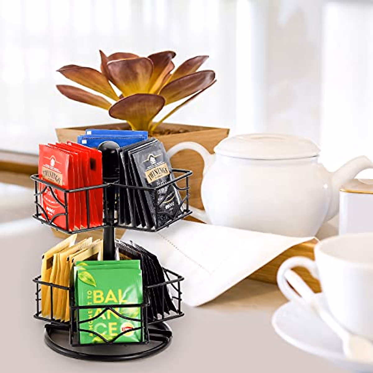 Frcctre Tea Bag Organizer, 360 Degree Tea Bag Spining Carousel Organizer with 6 Compartments, Lazy Susan Sugar Coffee Creamer Caddy for Kitchen Counter Cabinet Organizer, Up to 60 Tea Bags Storage