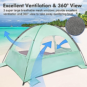 WhiteFang Beach Tent Anti-UV Portable Sun Shade Shelter for 3 Person, Extendable Floor with 3 Ventilating Mesh Windows Plus Carrying Bag, Stakes and Guy Lines (Mint Green)