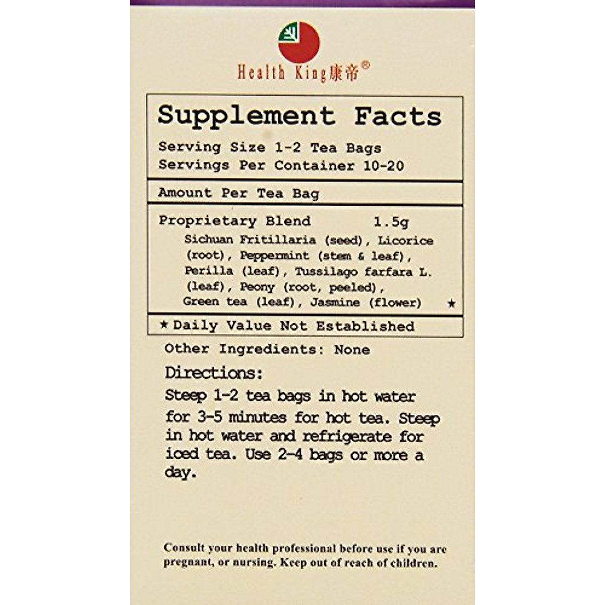 Health King Medicinal Teas Lung Pacifier Herb Tea Bags, 20 Count