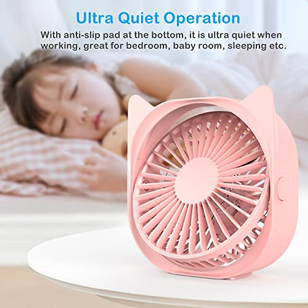 USB Desk Fans Small Quiet - Mini Cute Desk Fan USB Powered 3 Wind Speeds 360° Rotatable Portable Personal Little Table Fans for Home Bedroom Nightstand Office Work Desktop Dorm (Pink)