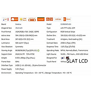 INNOLUX G150XNE-L01 1024X768, 15 INCH, 20 PIN Connector, 85PPI, LCD Display, LED Back Light System, TRANSMISSIVE, XGA