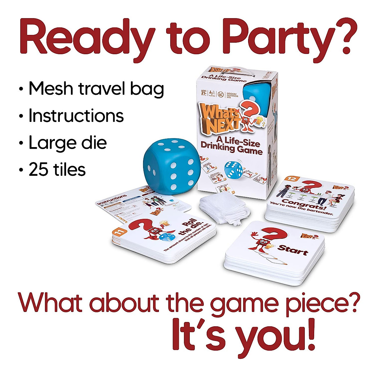 M&J Games What's Next? A Life-Size Drinking Game, Party Lover's Board Game, Hilarious Activity for Adult Gatherings, Floor Game to Get Celebrations Started, Ages 21+, 25 Action Tiles, Giant Foam Die
