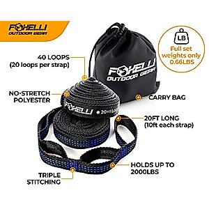 Foxelli Hammock Straps XL – Camping Hammock Tree Straps Set (2 Straps & Carrying Bag), 20 ft Long Combined, 40+2 Loops, 2000 LBS No-Stretch Heavy Duty Straps for Hammock Suspension System Kit