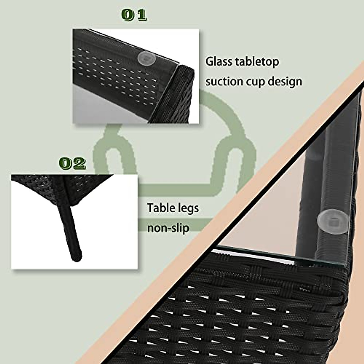 4 Pieces Patio Furniture Set Rattan Outside Furniture Wicker Sofa Garden Conversation Sets with Soft Cushion and Glass Table for Yard Pool or Backyard,Black